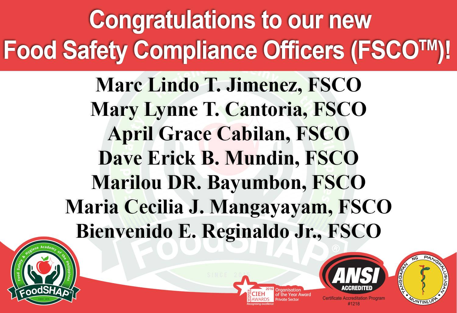 Congratulations to our newest batch of Food Safety Compliance Officers ...
