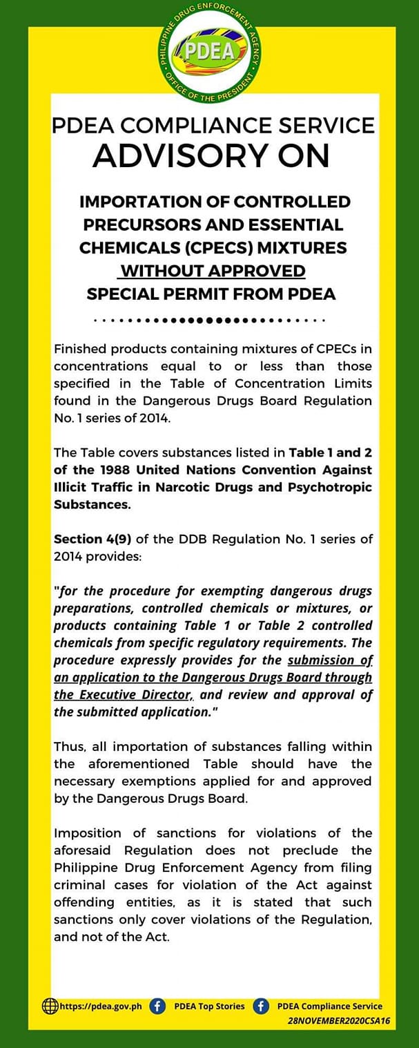 PDEA Advisory – Importation of Controlled Precursors and Essential ...